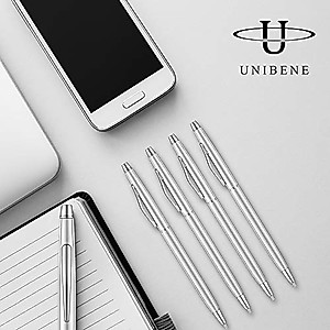 Unibene 6 Pack Silver Slim Mental Ballpoint Pens Medium Point(1 mm) - Black ink, Nice Gift for Business Office Students Teachers Wedding Christmas