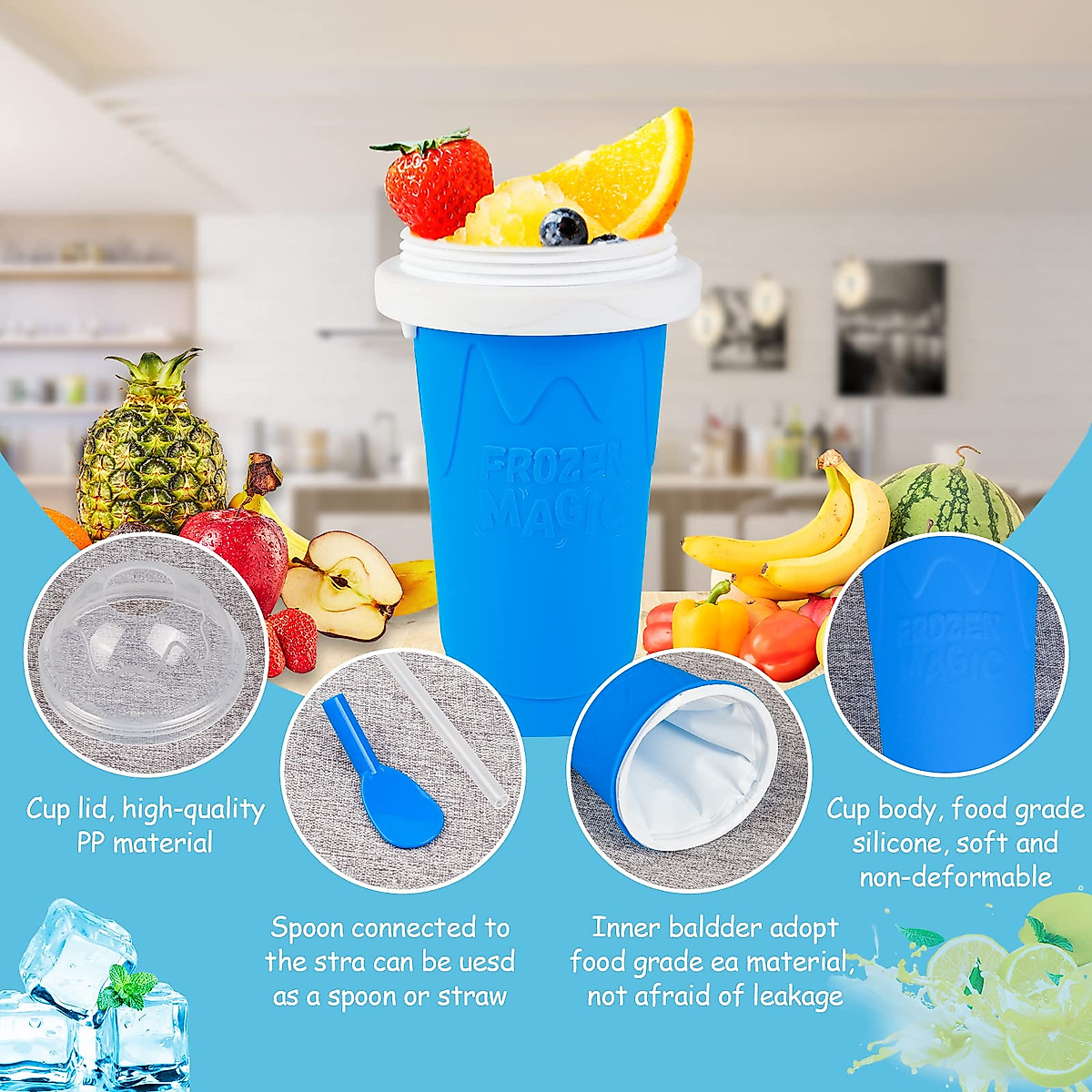 Slushie Maker Cup - TIK TOK Quick Frozen Magic Cup, Double Layers Slushie Cup, DIY Homemade Squeeze Icy Cup, Fasting Cooling Make And Serve Slushy Cup For Milk Shake, Smoothies, Slushies - Blue