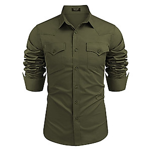 COOFANDY Men's Western Snap Shirts Loose Fit Casual Long Sleeve Embroidered Cowboy Shirts Army Green