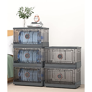 richang 5 Pack 38L closet organizers and storage Lidded Collapsible Storage Bins Folding Plastic Stackable Utility Crates foldable storage container storage box Grey