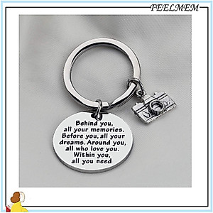 FEELMEM Camera Keychain Photographer Gift Behind You All Memories Before You All Your Dream Keychain Photography Jewelry Photo Club Gift Photography Friend Encouragement Gift (Camera Keychain)