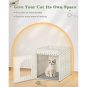 SETVSON Cat Litter Box Enclosure Cat Litter Box Furniture Hidden with Cat Litter Mat, Cat Litter Box Furniture with Two S-Shaped Hooks, Handwoven Rattan Cat House for Living Room, Bedroom, (White