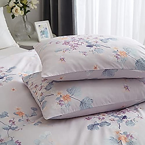 LOYOLADY Lilac Duvet Cover Set Queen Size, 3 Pieces Lightweight Soft Microfiber Bedding Comforter Cover for All Seasons (Queen, 90x90 Inches, Purple and Yellow Flower)