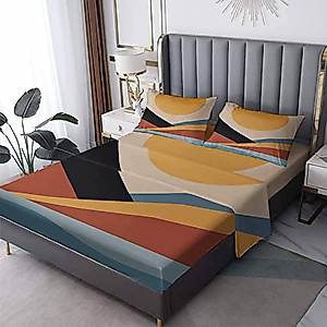 Abstract Sun Sheets Full Size, Boho Bed Sheets, Patterned Bedding Sheets & Pillowcases 4 Piece Set - Soft Microfiber Deep Pocket Fitted Sheet & Flat Sheet & 2 Pillow Cases F3-&-104