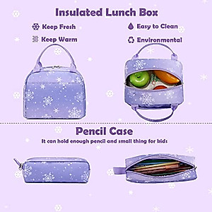 Princess Backpacks for Elementary School Girls, 3 in 1 Purple Schoolbag Set with Lunch Box Pencil Pouch Cute Bookbag with Chest Strap for Toddler Preschool Kindergarten Elementary Kids Girls