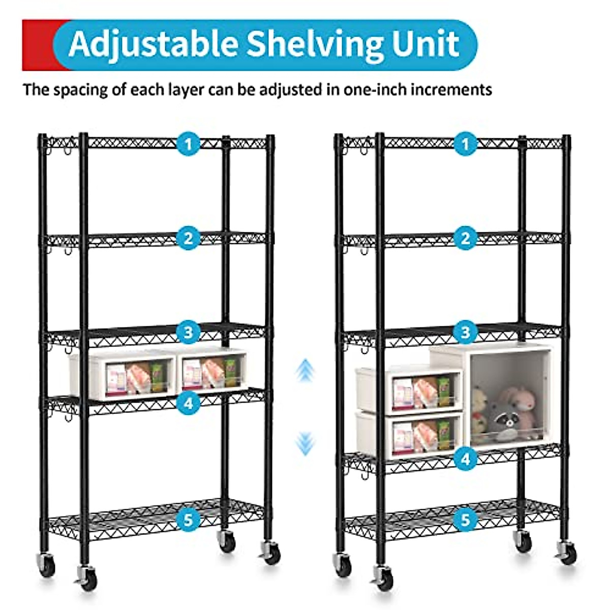 Hodonas 5-Tier Storage Shelves with Wheels, Freestanding Metal Shelves for Storage Wire Shelving Unit Storage Shelf, Metal Shelving Rack for Pantry Garage Kitchen Storage, Black, 36"W x 14"D x 75"H …