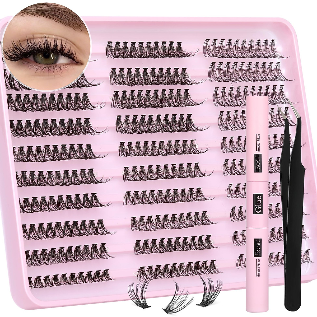 Eyelash Extensions Kit 300 Pcs Lash Clusters Individual Lashes with Strong Hold Lash Bond and Seal and Cluster Eyelashes Applicator Tool (20D/30D/40D)