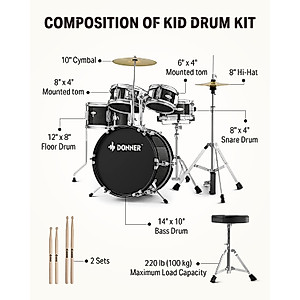 Kid Drum Sets-Donner 5-Piece for Beginners, 14 inch Full Size Complete Junior Drum Kit with Adjustable Throne, Cymbal, Hi-Hat, Pedal & Drumstick, Metallic Black