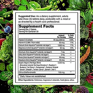 PlantFusion Vegan Calcium, Premium Plant Based Calcium (1000mg) Sourced from Icelandic Red Algae, Plus Magnesium, D3, K2, and Boron, 90 Vegan Tablets