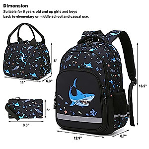 Kouxunt School Backpacks Set for Girls Boys Teens, Kids Elementary Middle School Bag Bookbag with Insulated Lunch Bag Pencil Case (Shark)