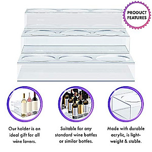 Acrylic Bottle Holder | Wine Display Riser | 9 Bottles, 3 Tier Rack | Bar Counter-Top Display Stand | Wine Rack Holder for Kitchen, Pantry, Fridge | Storage Organizer for Wine, Soda, Syrups and Beer