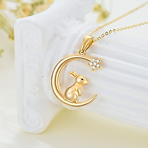 MUUYON 14K Gold Rabbit Necklace for Women, Real Yellow Gold Crescent Moon and Star Pendant Necklace, Easter Jewelry for Ladies Mom Sisters, 16"+1"+1"