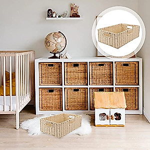 Healifty Rattan Storage Basket Countertop Rectangular Wicker Basket with Handles Book Cosmetic Sundries Holder Hand Woven Basket for Home Office