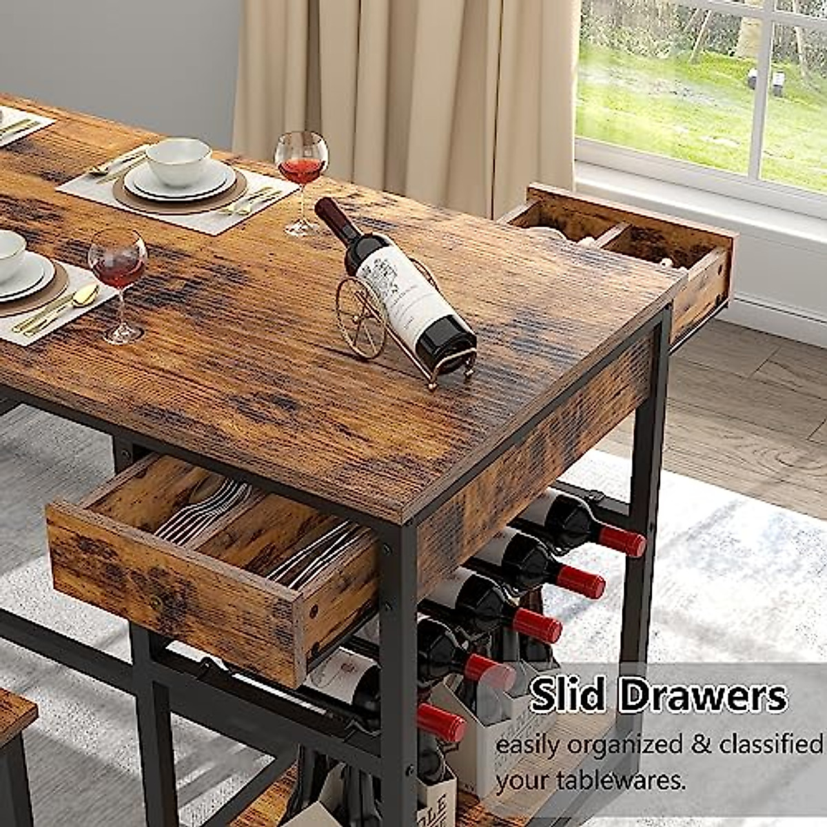 STIKELY Dining Table Set for 4-6 People, 3 Pieces Kitchen Dinner Table Set with 2 Drawers & Long Benches, Dining Room Table with Wine Rack & Glass Holder and Storage Shelf for Home Kitchen Use