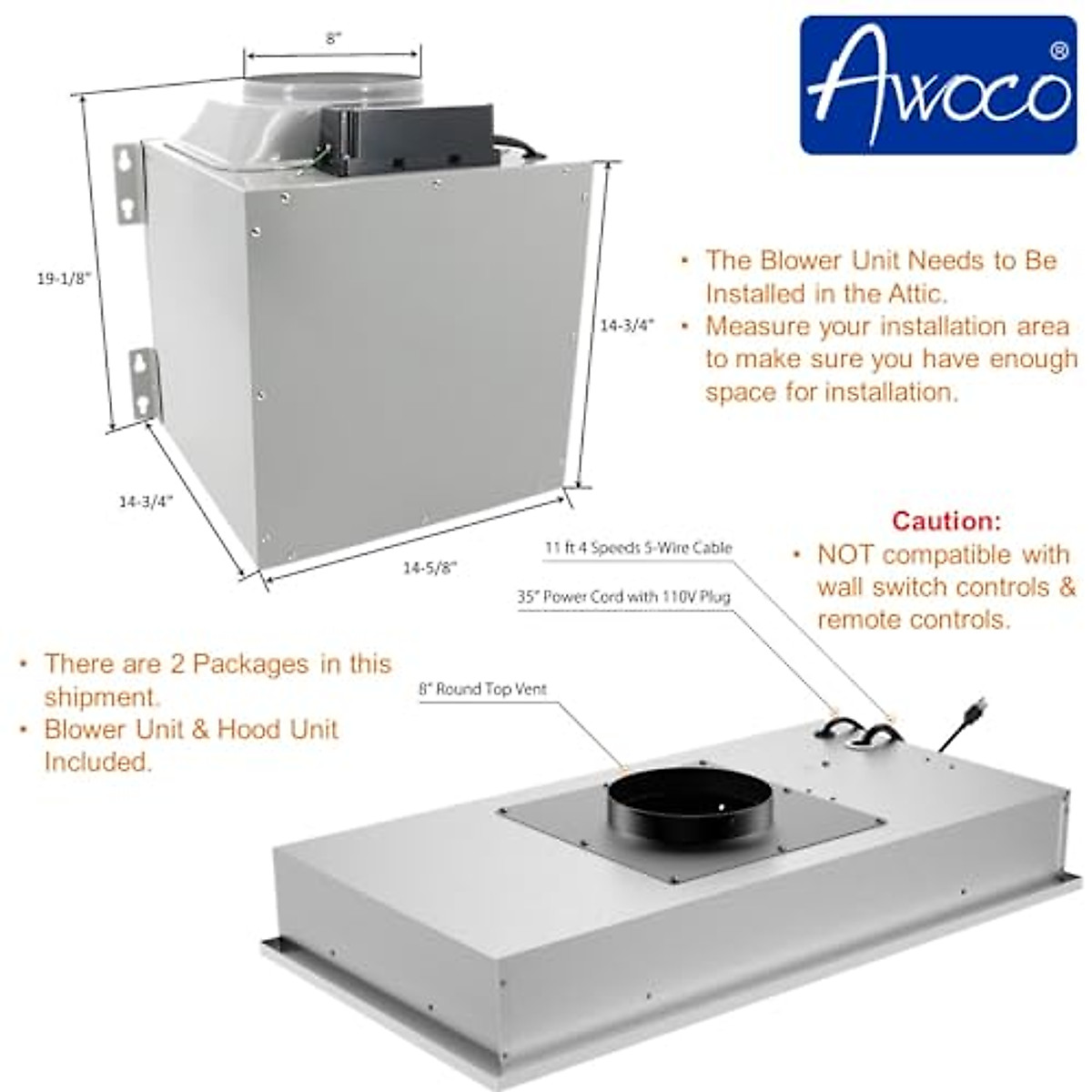 Awoco 14-1/2"D Super Quiet Split Insert Stainless Steel Range Hood, 4-Speed, 1000 CFM, LED Lights, Baffle Filters with 8" Blower (30"W M 8" Vent)