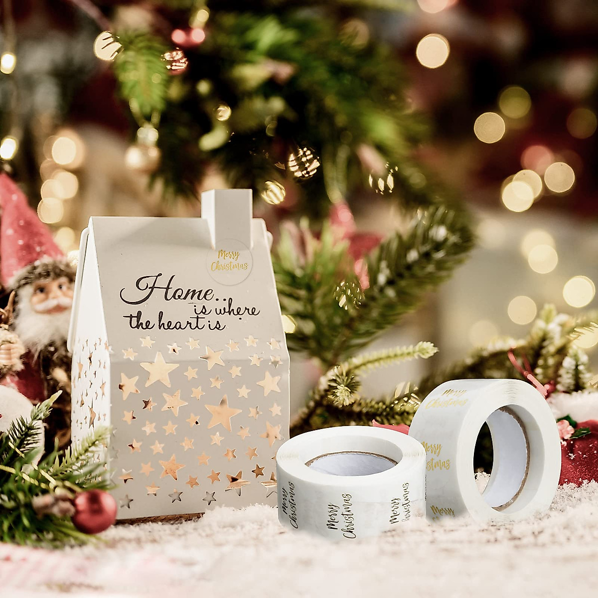 NUOMI 1000 PCS Merry Christmas Stickers Round Adhesive Seal Labels Gold Foil Stamping on Clear for Xmas Decor Envelope Cards Gift Packaging, 1 Inch