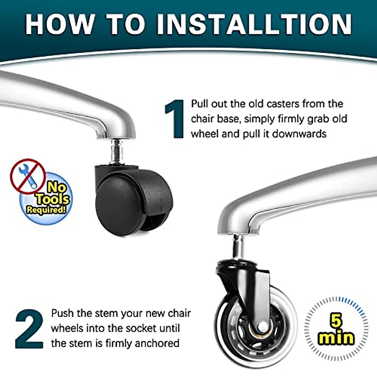 Eyamumo Office Chair Caster Wheels Replacement Rubber Chair Casters Set of 5 Heavy Duty and Safe Office Chair Casters for All Floors Hardwood, Office Chair Wheels for Rubber Chairs to Replace Chair