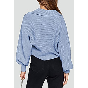 Meenew Women Loose Pullover Sweater Collared V Neck Long Sleeve Knit Crop Tops M Light Blue