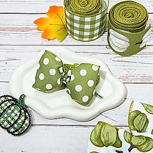 Whaline Fall Green Pumpkin Wired Edge Ribbon 30 Yards Farmhouse Rustic Autumn Thanksgiving Harvest Fabric Ribbon Welcome Plaids Polka Dots Craft Ribbon for Wreath Floral Bow DIY Crafts, 5 Roll