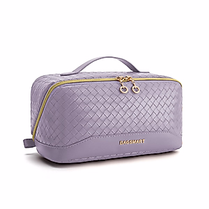 BAGSMART Makeup Bag, Travel Cosmetic Bag Organizer, PU Leather Water-Resistant Pouch, Open Flat Makeup Storage for Toiletries, Brushes, PU Leather Purple