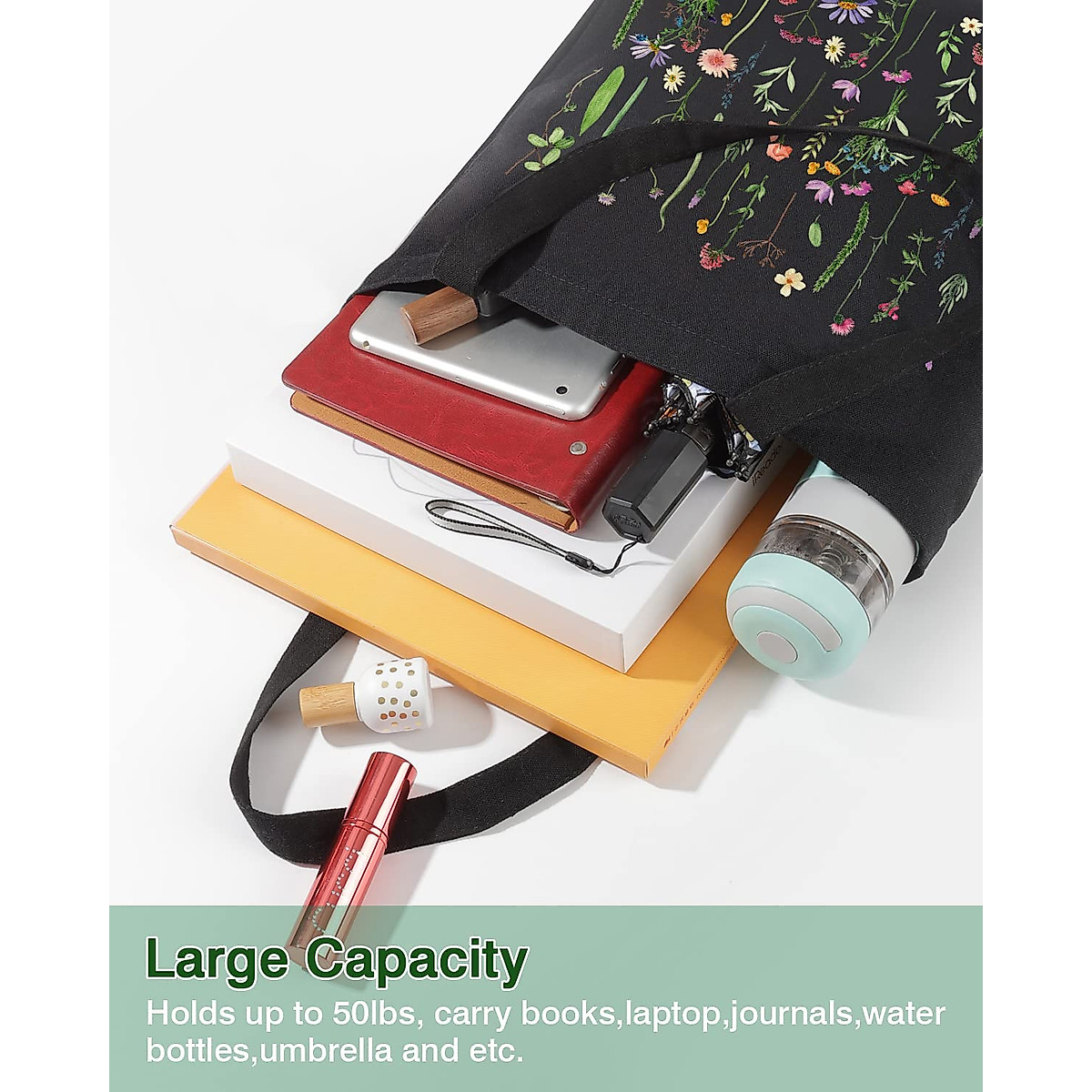 AUSVKAI Cute Canvas Tote Bag Aesthetic For Women College Grocery Bag Cotton Cloth Beach Totes Gift-Black Flowers