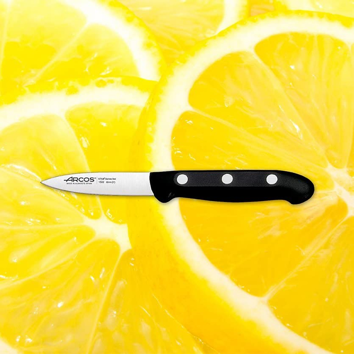 ARCOS Paring Knife 3 Inch Stainless Steel. Professional Kitchen Knife for Peeling Fruits and Vegetables. Ergonomic Polyoxymethylene Handle and 80mm Blade. Series Maitre. Color Black