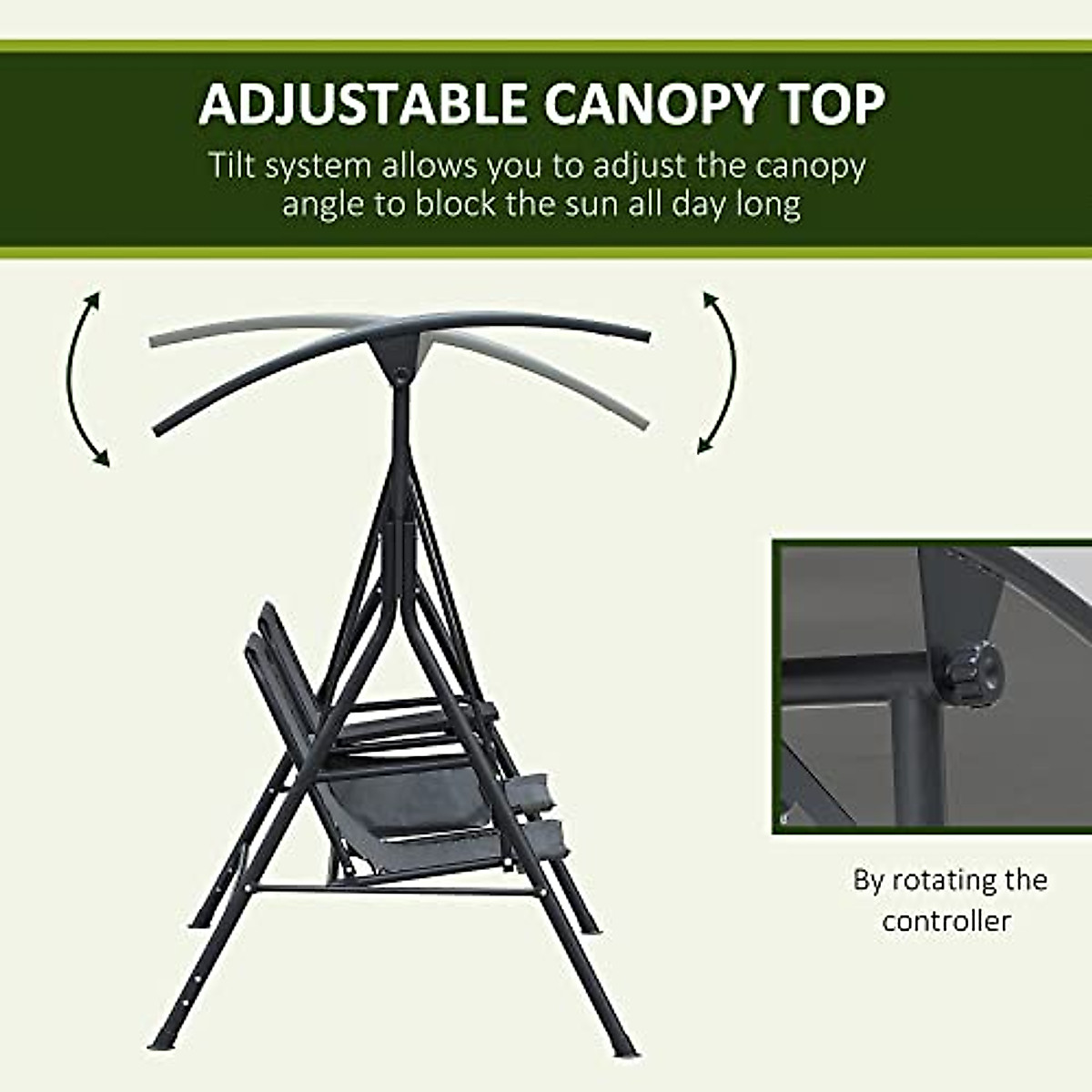 Outsunny 2-Seat Patio Swing Chair, Outdoor Canopy Swing Glider with Pivot Storage Table, Cup Holder, Adjustable Shade, Bungie Seat Suspension and Weather Resistant Steel Frame, Grey