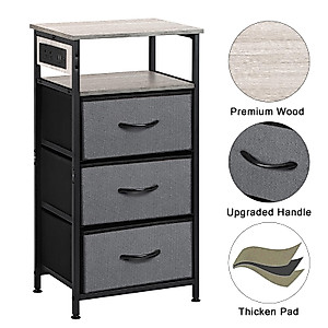 NANANARDOSO End Table with 3 Drawers and 2-Tier Shelf, Fabric Small Dresser Organizer Vertical Storage with Charging Station, Industrial Nightstand Side Table for Bedroom, Sofa, Grey