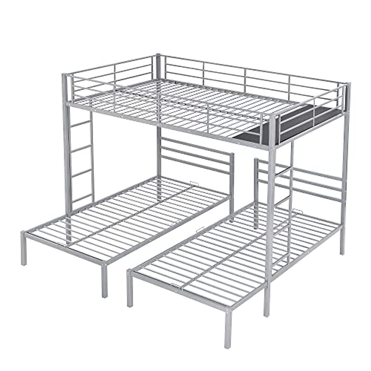BOVZA Metal Triple Bunk Bed, Full Over Twin & Twin Size Bunk Bed with Built-in Shelf and Ladder, 3 Bunk Beds for Kids Teens Adults, Silver