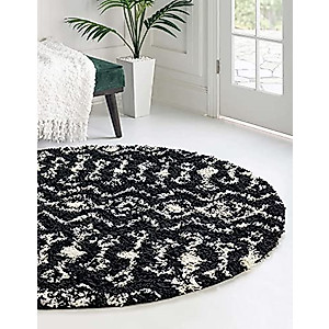 Unique Loom Moroccan Trellis Shag Collection Area Rug - Meknes (10' Round, Black and White)