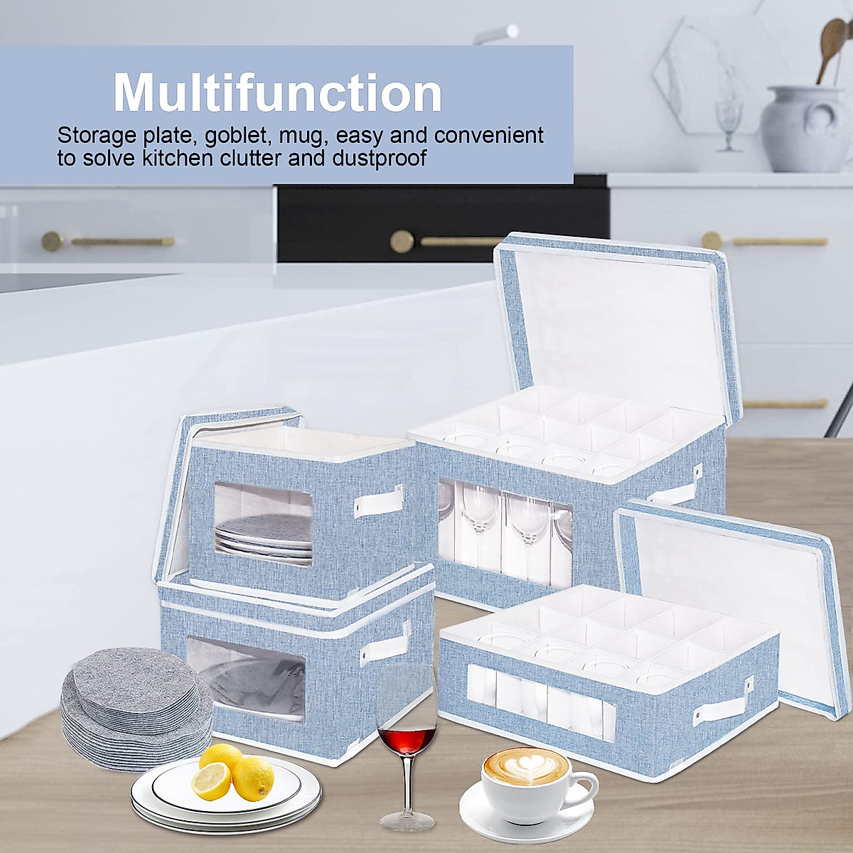 China Storage Containers,Wine Glass Mug Plate Dish Stemware Storage Box with Dividers,Hard Shell Dinnerware Case with 24 Felt Protectors for Crystal Glassware,Coffee Cup,Bowl Packing & Moving (Blue)