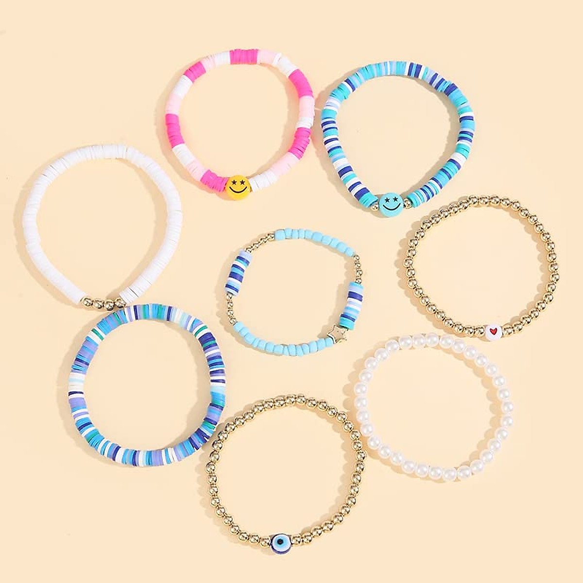 Women Girls Teens Preppy Bracelets Bohemian candy color Polymer Clay pearl Rice Bead bracelet Smile Smiley face star charm summer vacation bracelet