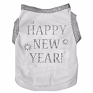 Petitebella Bling Happy New Year Puppy Dog Shirt (White/Sliver, Medium)