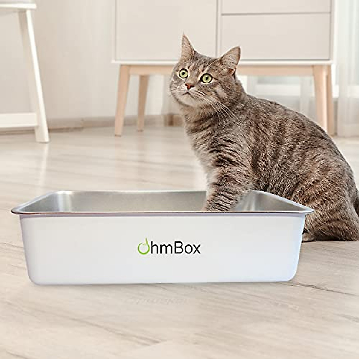 Ohm Earth’s OhmBox - Stainless Steel Cat Litter Box, Extra Large (23.5” x 15.5” x 6.1”) Never Absorbs Odors/Stains/Rusts, Non-Stick Smooth Surface, Easy Cleaning + Non-Slip Rubber Feet. Qty 1 White