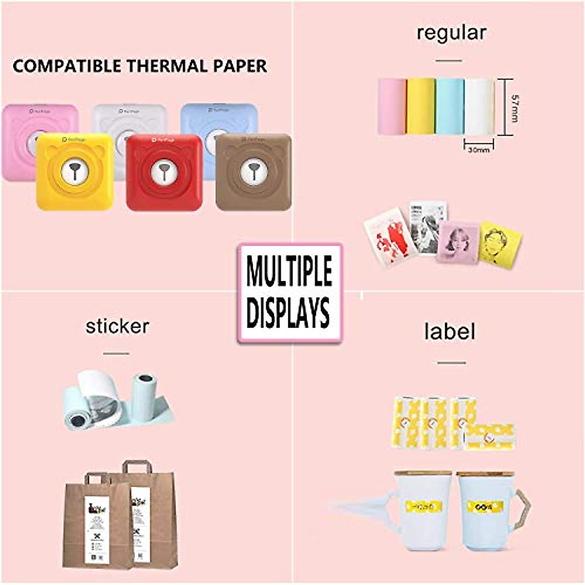 Portable Mini Mobile Phone Photo Memo Printer, 57mm Wireless Bluetooth Thermal Label Printer, Peripage A6 203dpi, Compatible with All Smart Phones, Plus 6 Rolls of Integrated Paper (Red)