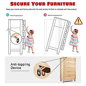 Graficial 5 Drawer Dresser, Chest of Drawers, Hamilton Rattan Tall Bedside Storage Table, Oak Dresser for Bedroom,Living Room