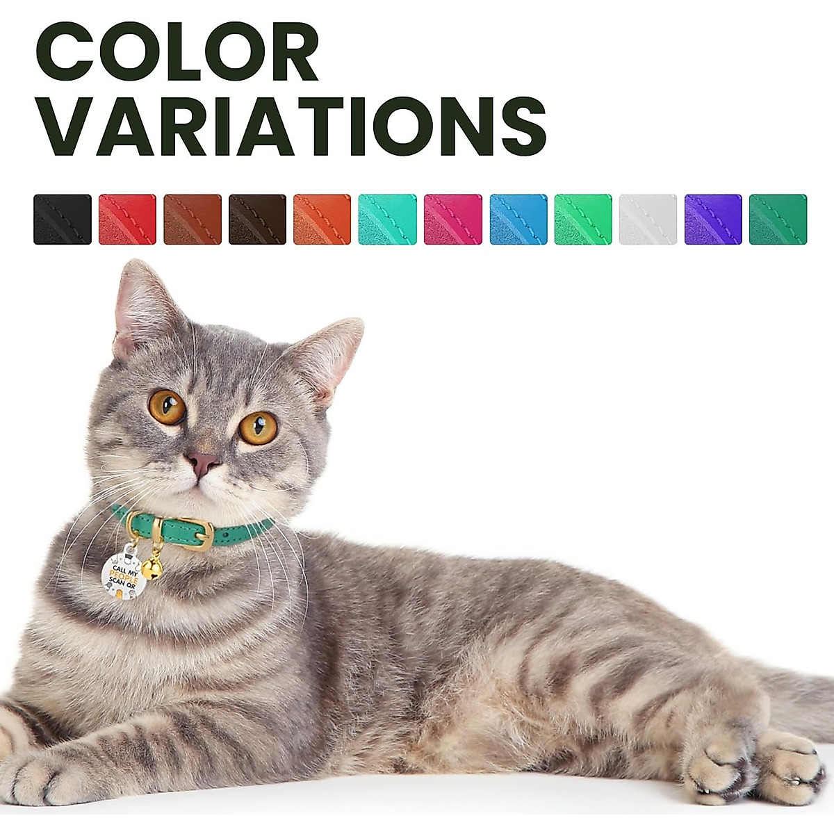 BRONZEDOG Leather Cat Collar with Bell Non Breakaway Kitten QR Tag for Girl Boy (7" - 9" for Cats, Orange & Silver)