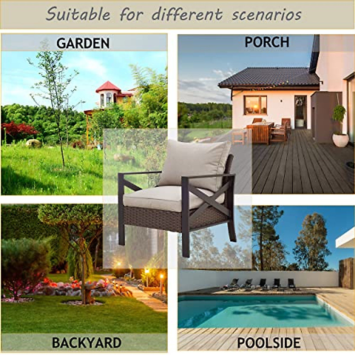 LOKATSE HOME Outdoor Single Wicker Sofa Armchair, Patio Bistro Rattan Chair with Side X Shaped Steel Frame Leg, Thick Cushion, Brown