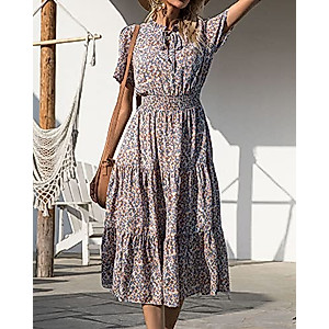 BTFBM Women's 2023 Summer Casual Boho Dress Floral Print Tie V Neck Short Sleeve Elastic Waist A-Line Midi Beach Dresses(Floral Blue, Large)
