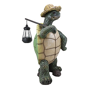 Ebros Gift Nautical Nature Lover Adventure Hiking Tortoise with Straw Hat Statue Carrying Solar Powered Lantern LED Light On A Pole Turtle Garden Yard Pool Patio Deck Home Decorative Accent