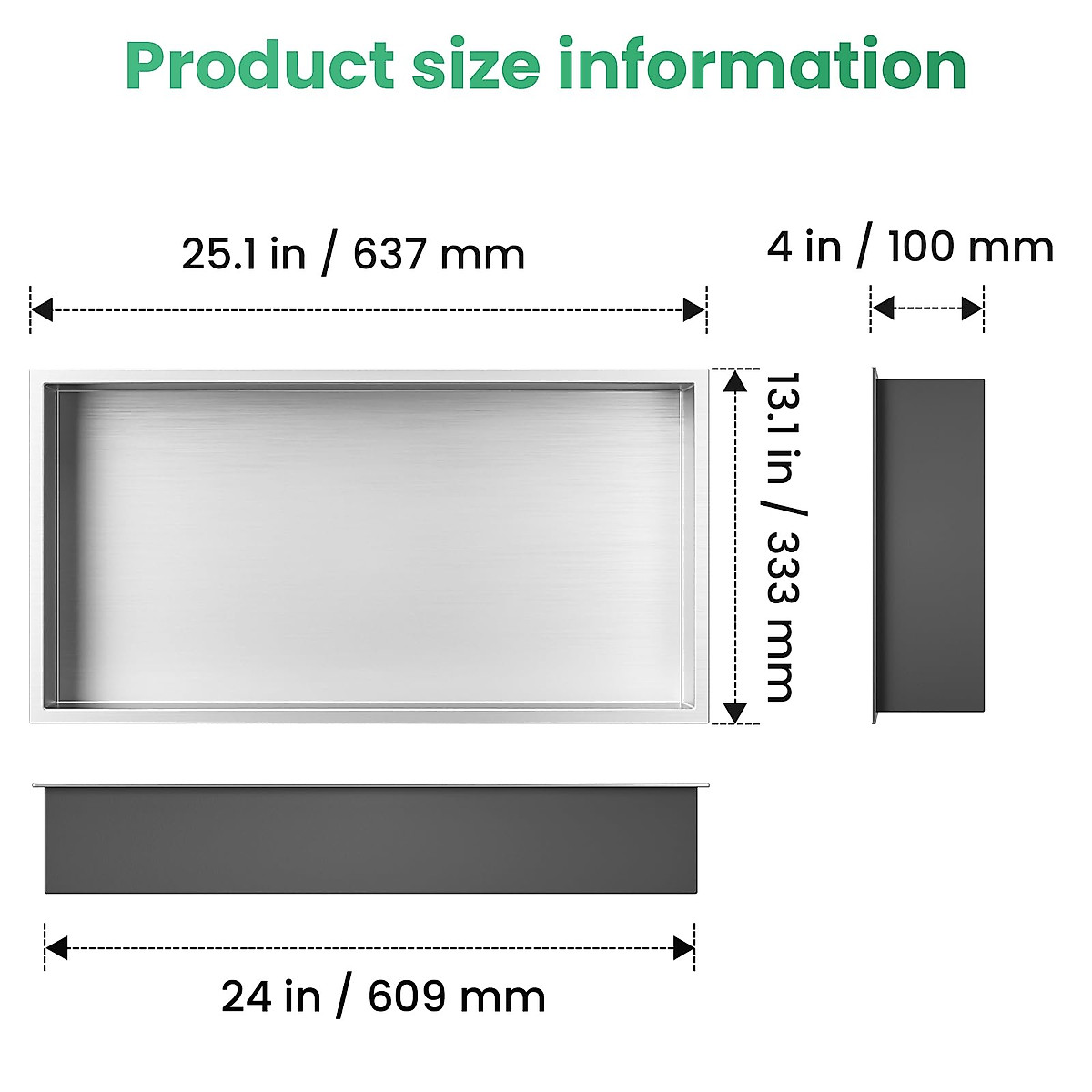 EXF Stainless Steel Shower Niche 12" X 24" Brushed, No Tile Needed Recessed Waterproof Shower Shelf for Bathroom Kitchen Storage
