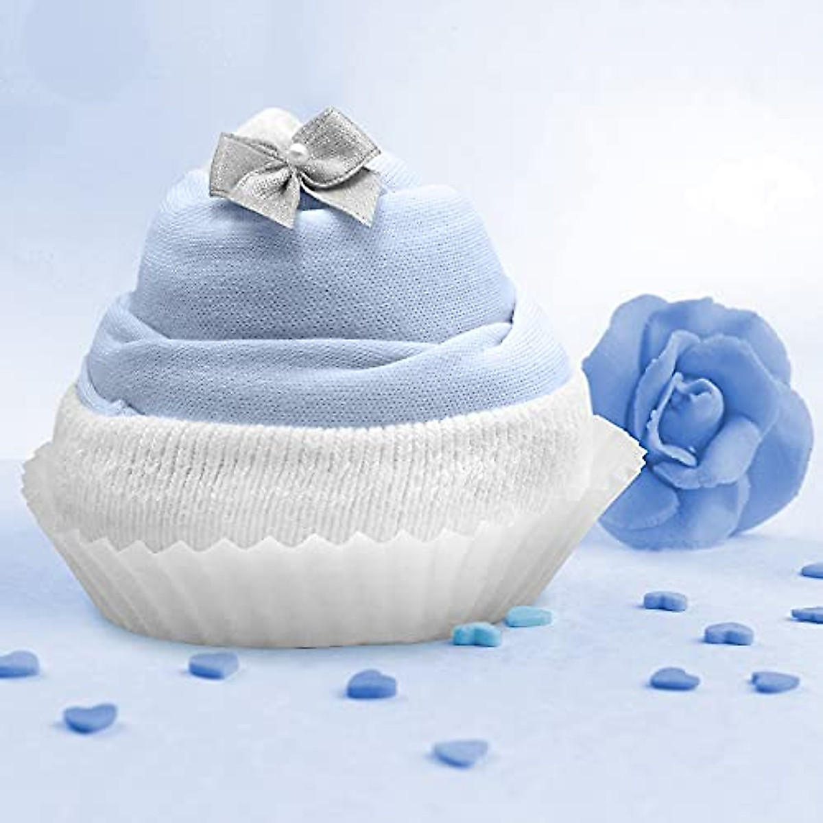 Peek A Baby Gift Blue Baby Boys Onesies Cupcake Gift Set – Baby Shower Cupcake and Lollipop Gift Set | Newborn Bodysuits Onesies Gift Set, 7 Piece Set