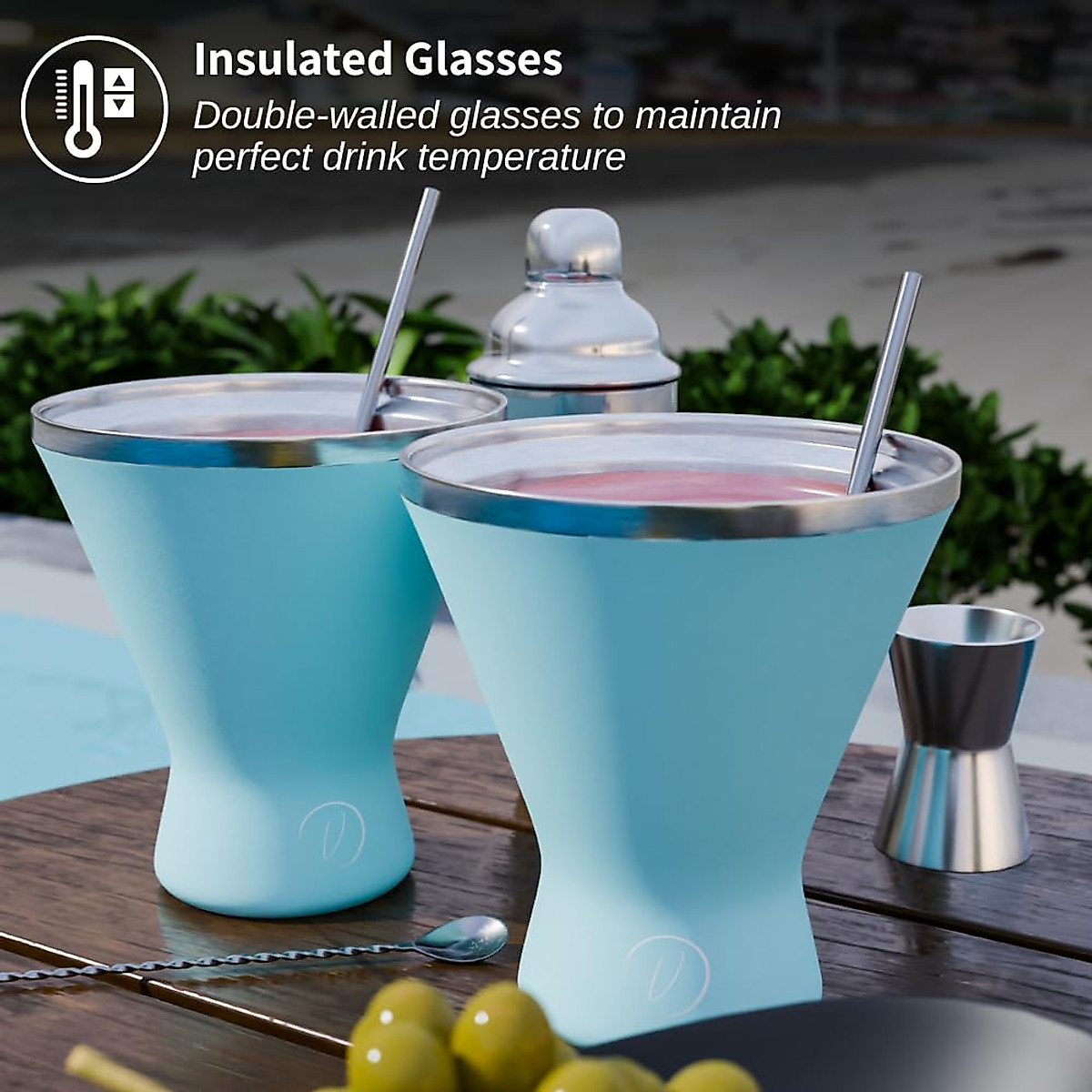 vaanshie Stainless Steel Martini Glass [Pack of 2] – 10oz, Blue, Powder Coated, No Sweat, Double Wall Margarita Tumbler for Cocktails and Cold Drinks | Barware & Kitchen