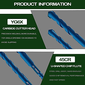 JOERIC 10PCS Blue Masonry Drill Bits, Concrete Drill Bit Ceramic Tile Drill Bit Set Tungsten Carbide Tipped Ceramic Tile Drill Bits for Concrete Brick Glass Plastic and Wood（3/16”-1/2”）