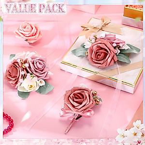 Ceenna Rose Flower Wrist Corsage Boutonniere Set Handmade Floral Wristlet Band Bracelet Bridegroom Men's Boutonniere Wedding Wristlet Hand Flower for Prom Party Bouquets, Dark Pink(Stylish, 48 Pcs)