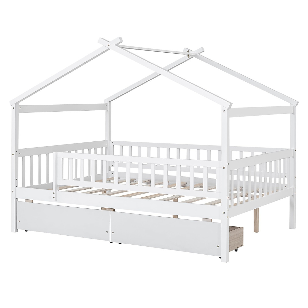 House Bed with Fence Storage, Full Size Montessori Style Beds with Railings and 2 Drawers, Wooden Playhouse Bed Frame for Kids Girls Boys, White