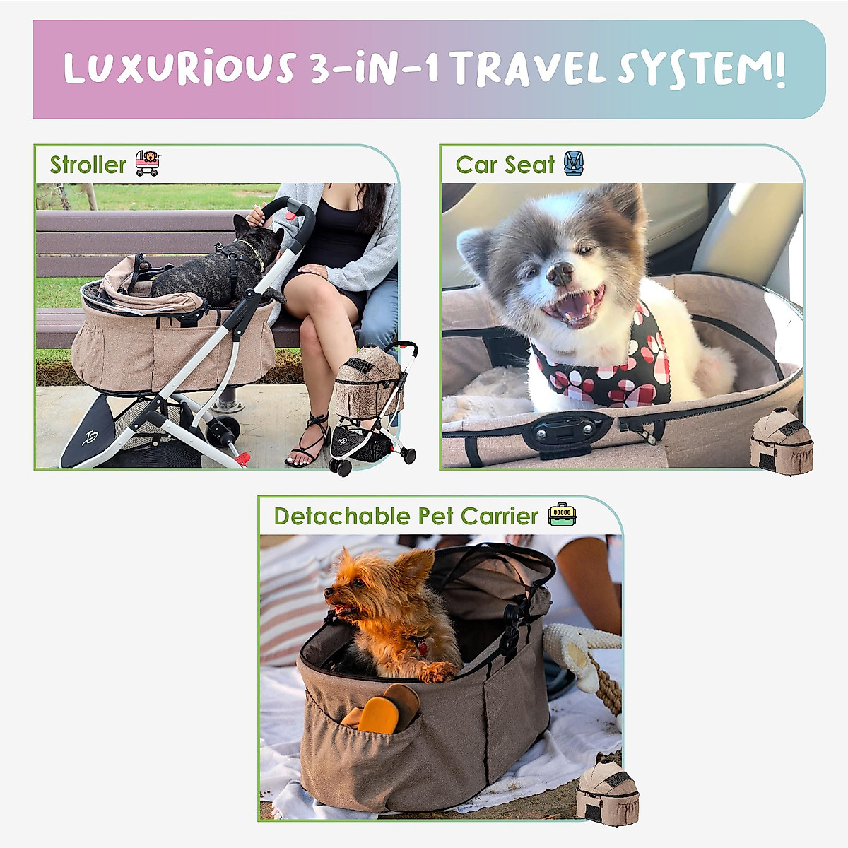 Petique 3-in-1 Newport Pet Stroller (Travel Carrier + Car Seat + Stroller), Easy Trifold/Unfold, 360º Front Rotating Wheel, Small/Medium Dogs, Cats and Pets, Supports up to 45LBS – Champagne (Beige)