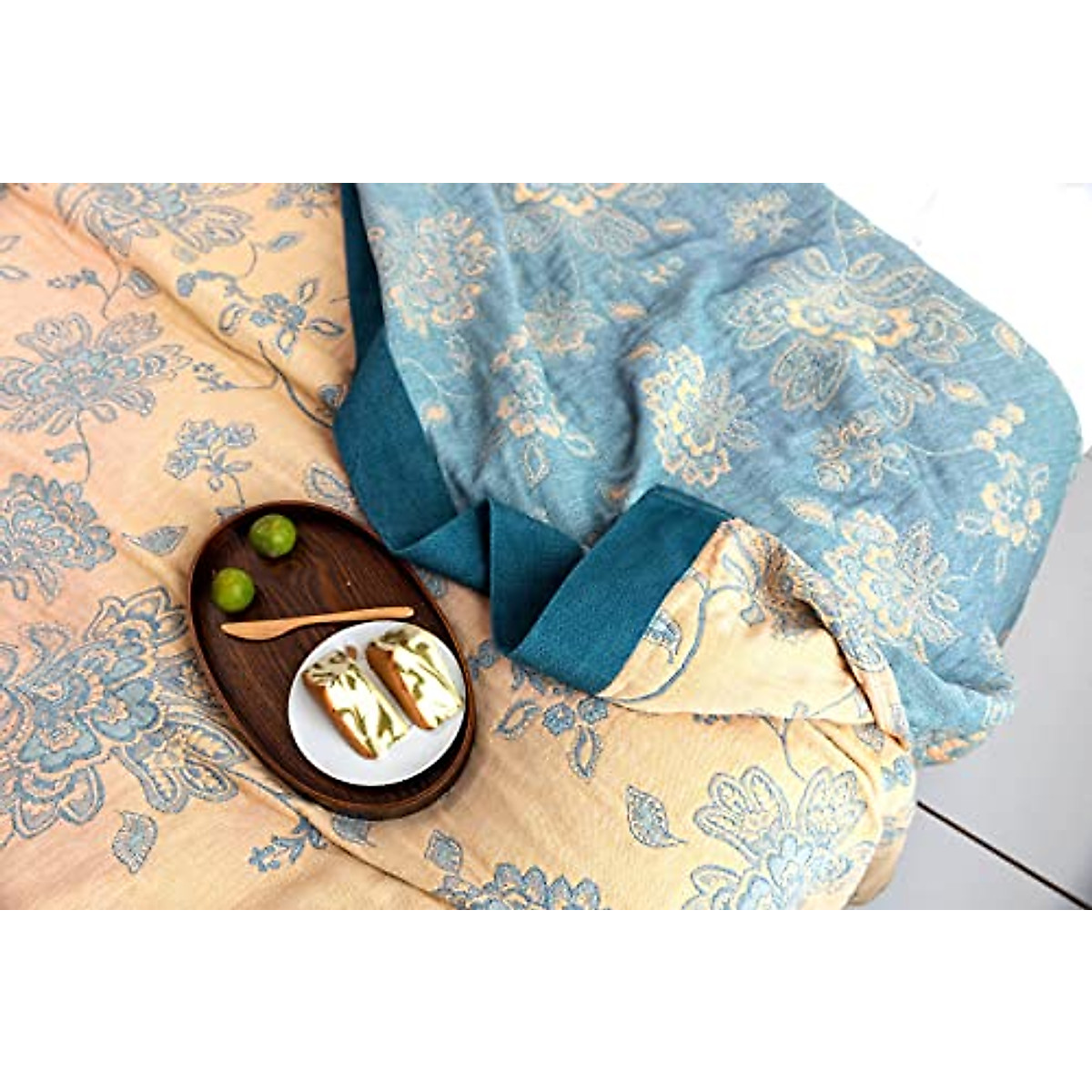 DECMAY Muslin Warm Bohemian Throw Blanket, 5-Layer Cotton Bedspread Blanket for Bed Couch, Super Soft, Cozy for All Seasons Twin Size (Yellow, 60"X80")