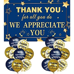 We Appreciate You Decorations Navy Blue Gold Appreciate You Banner with 18pcs Balloons Thank You Backdrop for Teacher Employee Staff Doctors Nurse Poaster Volunteer Appreciation Week Party Decor