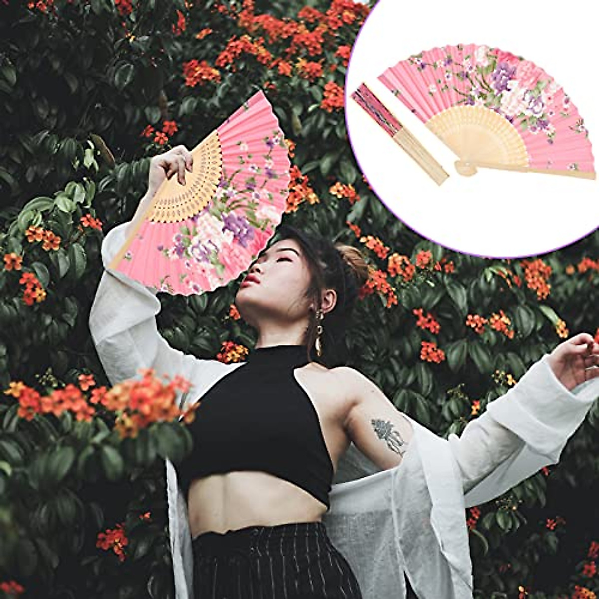 RAZZUM Hand Fan Foldable 2 Pcs Floral Folding Hand Fan Chinese Vintage Retro Silk Handheld Fans with Frames for Wedding Dancing Church Party Gifts Pink Japanese Fan Fan